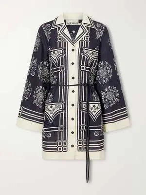 ALEMAIS Banderra Belted Printed Linen Mini Dress - Black