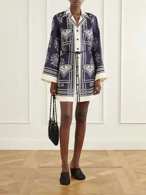 ALEMAIS Banderra Belted Printed Linen Mini Dress