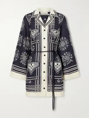 ALEMAIS Banderra Belted Printed Linen Mini Dress - Black