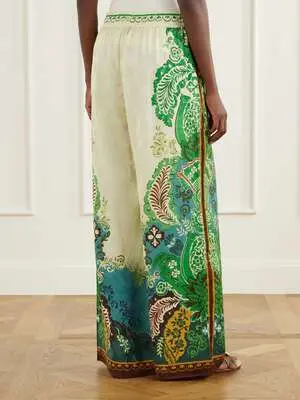 ALEMAIS Florence Drawstring Floral-print Satin-jacquard Wide-leg Pants