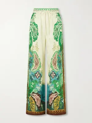 ALEMAIS Florence Drawstring Floral-print Satin-jacquard Wide-leg Pants - Green