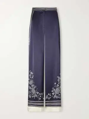 ALEMAIS Bandera Printed Silk-satin Wide-leg Pants - Navy