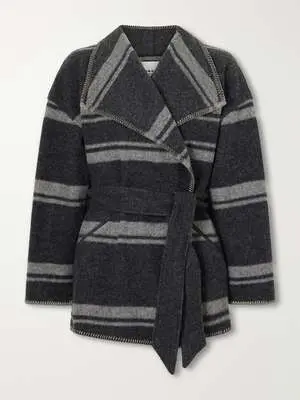 MARANT ETOILE Brea Belted Striped Brushed Coat - Gray