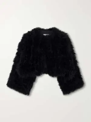 YVES SALOMON Cropped Feather-embellished Satin Cape - Black