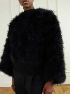 YVES SALOMON Cropped Feather-embellished Satin Cape