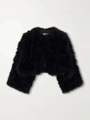 YVES SALOMON Cropped Feather-embellished Satin Cape - Black