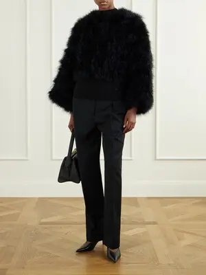 YVES SALOMON Cropped Feather-embellished Satin Cape - Black