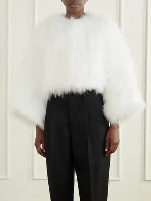 YVES SALOMON Cropped Feather-embellished Satin Cape - White