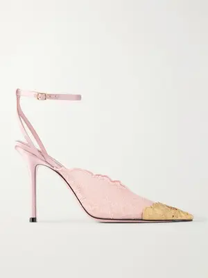 JIMMY CHOO JIMMY CHOO Faiz 100 Embellished Satin-Trimmed Lace Pumps Pink