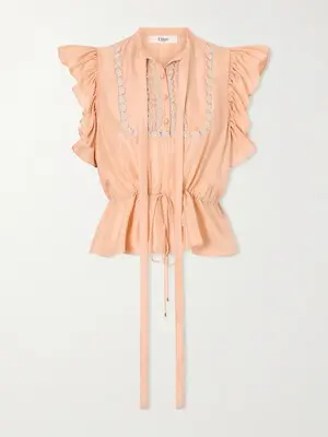 Chloé Ruffled Lace-trimmed Silk-habotai Blouse - Pink