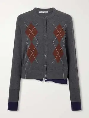 Acne Studios Argyle Silk, Wool And Cashmere-blend Cardigan - Gray