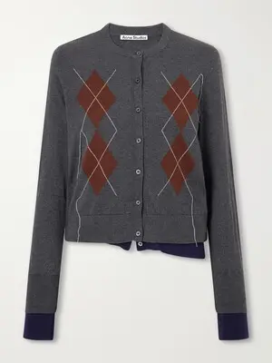 Acne Studios Argyle Silk, Wool And Cashmere-blend Cardigan - Gray