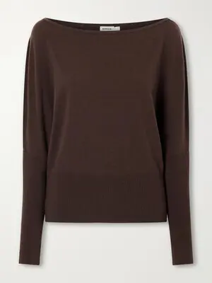 Simkhai Lavina Off-The-Shoulder Ribbed-Detailed Wool-Blend Sweater Brown