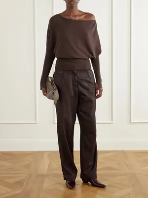 Simkhai Lavina Off-the-shoulder Ribbed-detailed Wool-blend Sweater - Brown