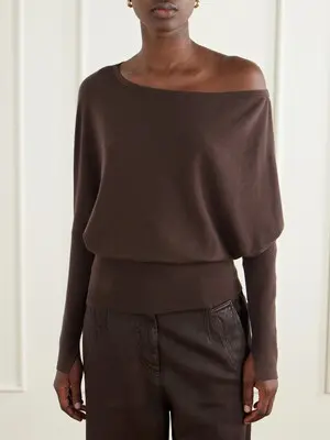 Simkhai Lavina Off-the-shoulder Ribbed-detailed Wool-blend Sweater - Brown