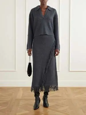 Simkhai Natalia Fringed Ribbed Wool And Recycled Cashmere-blend Polo Sweater - Charcoal
