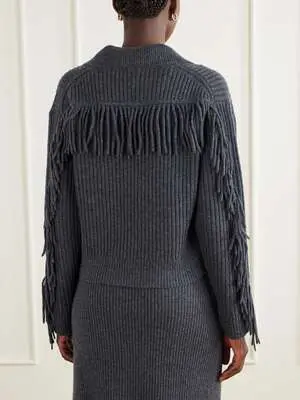 Simkhai Natalia Fringed Ribbed Wool And Recycled Cashmere-blend Polo Sweater - Charcoal