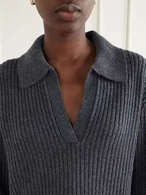 Simkhai Natalia Fringed Ribbed Wool And Recycled Cashmere-blend Polo Sweater - Charcoal
