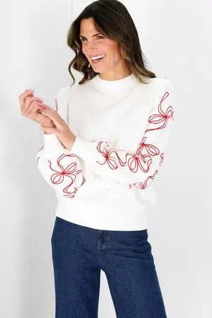 DUFFIELD LANE Bow Sleeve Crew Neck Sweater - Ivory