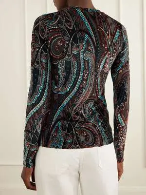Etro Printed Velvet-trimmed Mesh Blouse