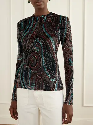 Etro Printed Velvet-trimmed Mesh Blouse - Blue