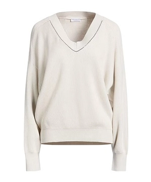Brunello Cucinelli Solidcolor Vneck Knit Sweater - White