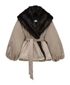 Magda Butrym Belted Faux Fur Collar Jacket
