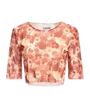 GANNI Floral Printed Cropped Mesh T-shirt - Pink