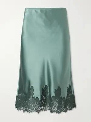 DÔEN Lace-trimmed Silk-satin Midi Skirt - Green