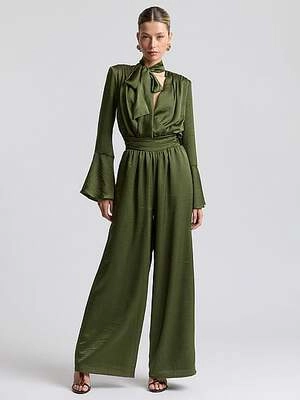 Victoria's Secret Avec Les Filles Tie-neck Long Sleeve Wide-leg Jumpsuit - Green
