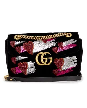 FWRD RENEW Gucci Embellished Velvet Gg Marmont Shoulder Bag