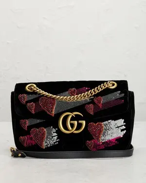FWRD RENEW Gucci Embellished Velvet Gg Marmont Shoulder Bag