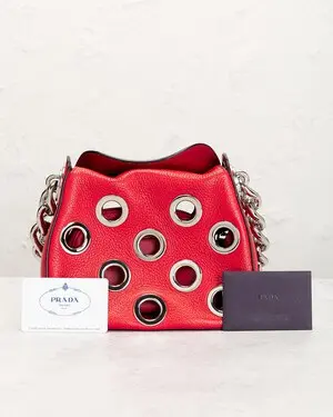 FWRD RENEW Prada Vitello Daino Grommet Shoulder Bag - Red