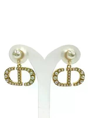 Dior 1990-2010 Plated Faux Pearl Tribales Push Back Earrings Costume Earrings - Gold