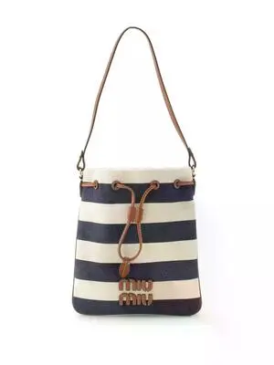 MIU MIU 2010-2026 Striped Canvas Logo Drawstring Handbag