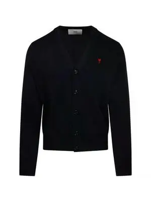 AMI Paris V-neck Wool Cardigan With De Coeur
