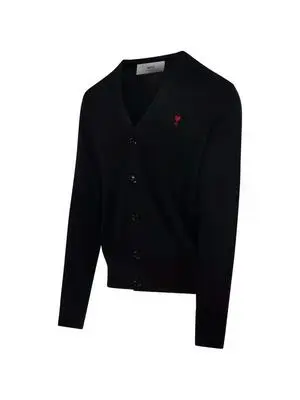 AMI Paris V-neck Wool Cardigan With De Coeur