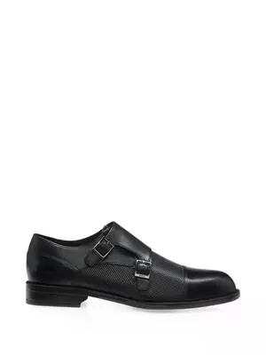 BOSS Double Monk Shoes In Leather With Perforated Detail - Black
