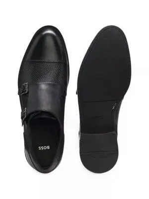 BOSS Double Monk Shoes In Leather With Perforated Detail