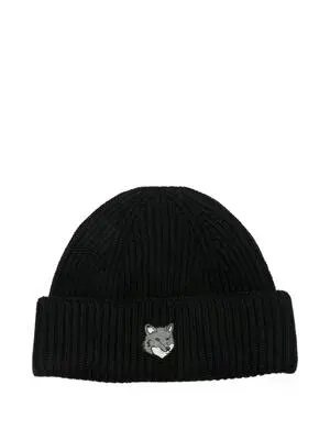 Maison Kitsuné Ribbed Knit Beanie Hat - Black