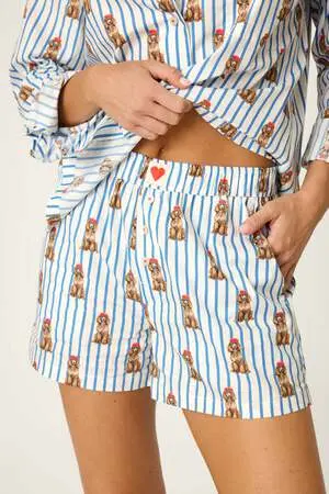 PJ Salvage Super-soft Cotton Afterparty Poplin Stripe & Poodle Print Pajama Shorts - Deep Navy