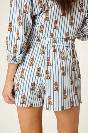 PJ Salvage Super-soft Cotton Afterparty Poplin Stripe & Poodle Print Pajama Shorts - Deep Navy
