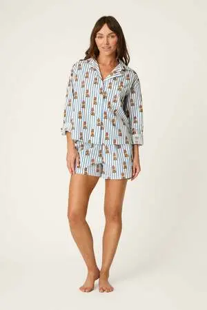 PJ Salvage Super-soft Cotton Afterparty Poplin Stripe & Poodle Long Sleeve & Shorts Print Pajama Set - Deep Navy