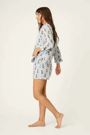 PJ Salvage Super-soft Cotton Afterparty Poplin Stripe & Poodle Long Sleeve & Shorts Print Pajama Set - Deep Navy