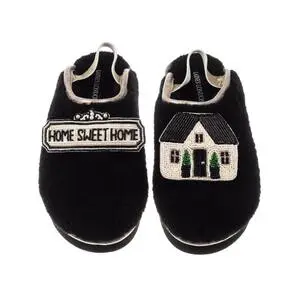 LAINES LONDON Flatform Cloud Slippers With Home Sweet Home Brooches - Black