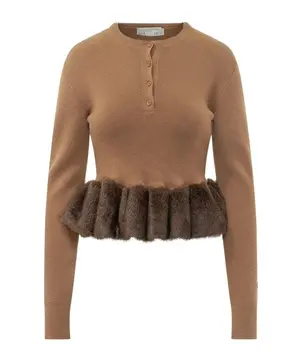 Stella McCartney Faux Fur Trim Peplum Knitted Jumper - Brown