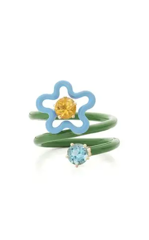 Bea Bongiasca 9kt Yellow Gold In Single Flower Ring With Hand Painted Green And Enamel - Blue