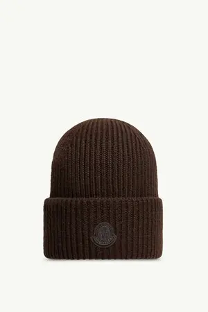 Moncler Leather Logo Cashmere Beanie - Brown