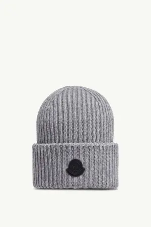Moncler Leather Logo Cashmere Beanie - Grey