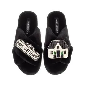 LAINES LONDON Classic Laines Slippers With Home Sweet Home Brooches - Black